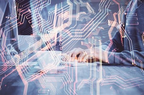 Premium Photo Technology Theme Hologram With Man Working On Computer