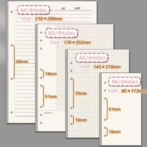 4 6 9 Holes Refill Pages Loose Leaf For Binder A6 A5 B5 A4 Ring Binder Refill 45 Leaves