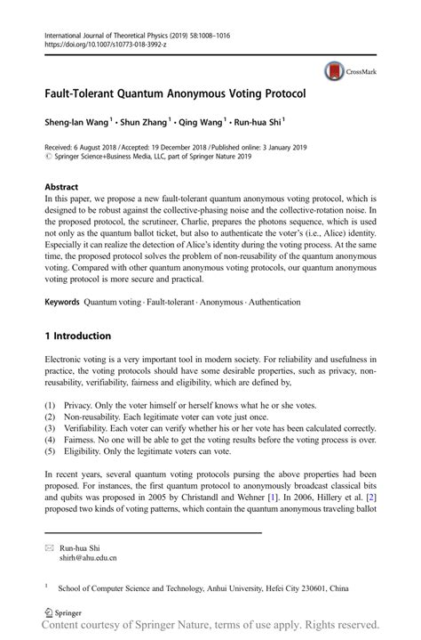Fault Tolerant Quantum Anonymous Voting Protocol Request Pdf