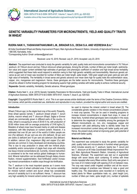 Pdf Genetic Variability Parameters For Micronutrients Yield And