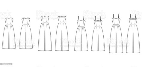 전체 발목 길이 일반 허리 더블 플리트 스트랩이 있는 점프수트 퀼로트 전체 테크니컬 패션 일러스트레이션 세트 0명에 대한 스톡 벡터 아트 및 기타 이미지 Istock