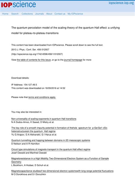 Pdf The Quantum Percolation Model Of The Scaling Theory Of The Quantum Hall Effect A Unifying