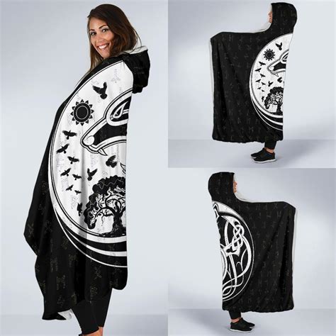 Skoll And Hati Rune Tattoo Viking Hooded Blanket Bluefink