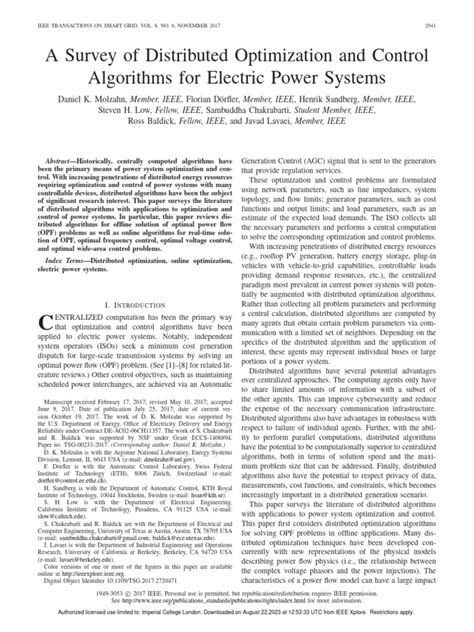 A Survey Of Distributed Optimization And Control Algorithms For Electric Power Systems Pdf