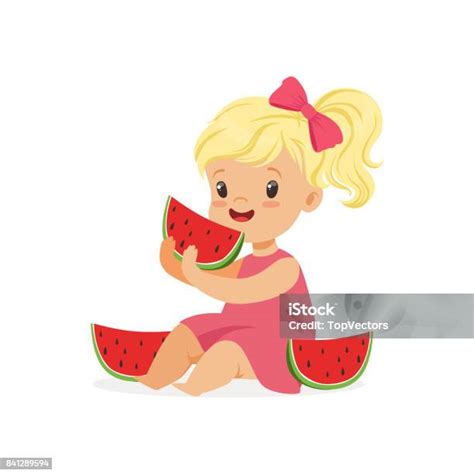 달콤한 금발 소녀 수 박 만화 벡터 일러스트 레이 션을 먹고 즐기고 건강한 식생활에 대한 스톡 벡터 아트 및 기타 이미지 건강한 식생활 과일 귀여운 Istock