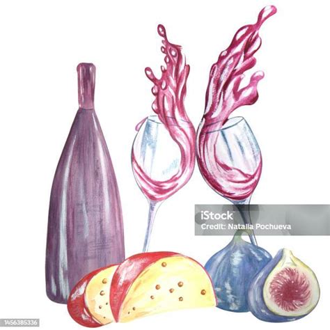 흰색 배경에 적포도주 치즈 무화과 포도가 있는 안경의 수채화 구성 래스터 프로젝트 상품 엽서 상표의 요소로 사용할 수 있습니다 0명에 대한 스톡 벡터 아트 및 기타 이미지