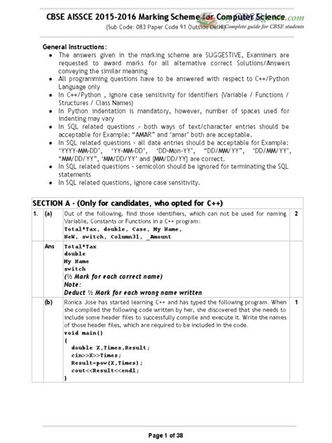 cbse aissce 2015 2016 marking scheme for computer science general