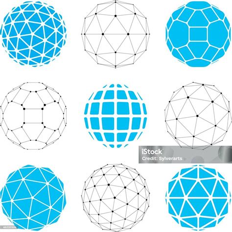 연결 된 선 및 점 3d 기하학적 와이어 프레임 모양으로 벡터 낮은 폴 리 구형 개체의 집합입니다 관점 삼각법 삼각형 사각형 및 오각형으로 만든 패싯 구슬 3차원 형태에