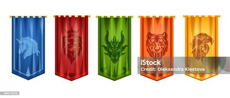 게임 플래그 세트 벡터 중세 왕실 배너 고대 기사 페넌트 아이콘 키트 Ui 팀 하우스 표지판 고대의에 대한 스톡 벡터 아트 및 기타 이미지 Istock