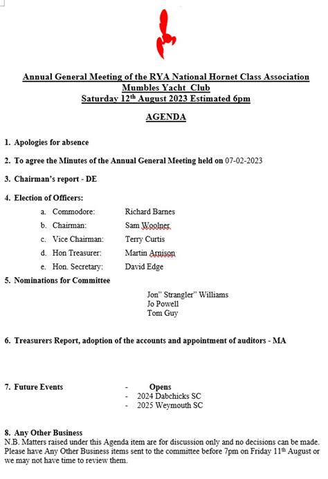 2023 Agm Agenda Rya National Hornet Association