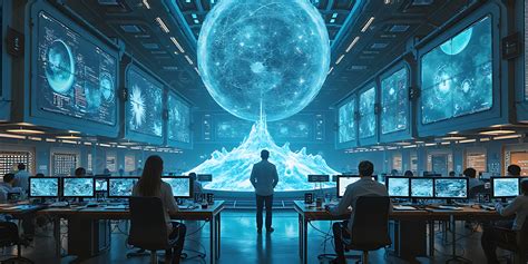 연구자들이 고급 우주 탐사를 나타내는 큰 3d 홀로그램 스타를 관찰하는 우주 데이터를 표시하는 여러 화면이있는 미래의 제어실 미래지향적인 통제실 우주 데이터 3d