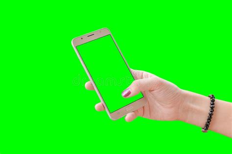 Phone in Girl Hand, Close-up. Isolated in Green, Chroma Key Stock Photo ...