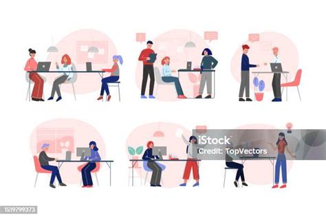 사무실 직원 책상에 앉아 소통하고 브레인스토밍하는 직원들 직장 동료들 간의 대화 플랫 벡터 일러스트레이션 경영자에 대한 스톡 벡터 아트 및 기타 이미지 Istock