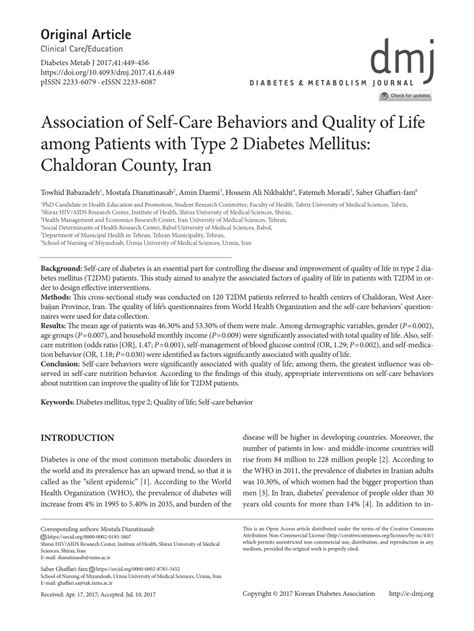 Pdf Association Of Self Care Behaviors And Quality Of Life Among Patients With Type 2 Diabetes