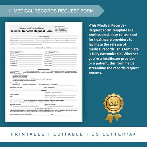 Medical Records Request Form Template Printable Healthcare Medical