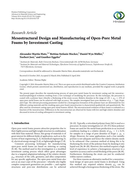 Pdf Mesostructural Design And Manufacturing Of Open Pore Metal Foams