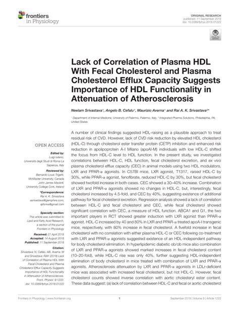 Pdf Lack Of Correlation Of Plasma Hdl With Fecal Cholesterol And
