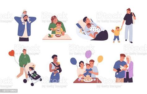 유치원 아이들이 있는 가족 행복한 부모와 자녀 어머니 아버지 아기 엄마 아들 딸과 함께 아빠 흰색 배경에 격리된 플랫 그래픽