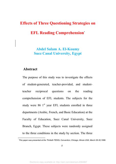 Pdf Effects Of Three Questioning Strategies On Efl Reading Comprehension