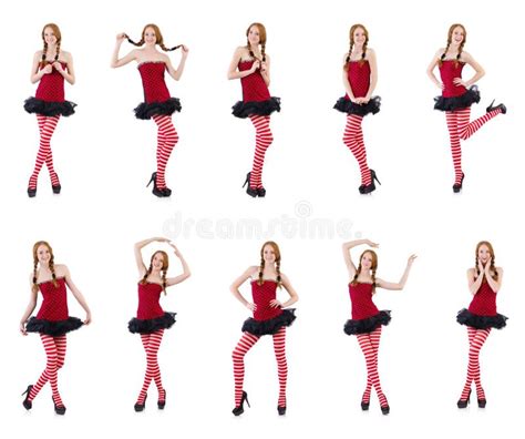 Redhead Girl In Red Dress And Stockings On White Stock Image Image Of
