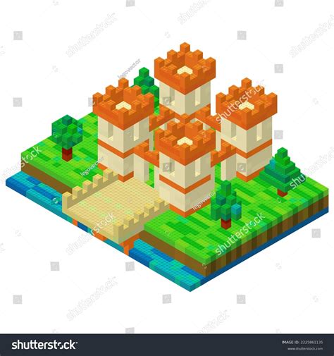 Castle Bridge Assembled Plastic Blocks Isometric Stock Vector Royalty