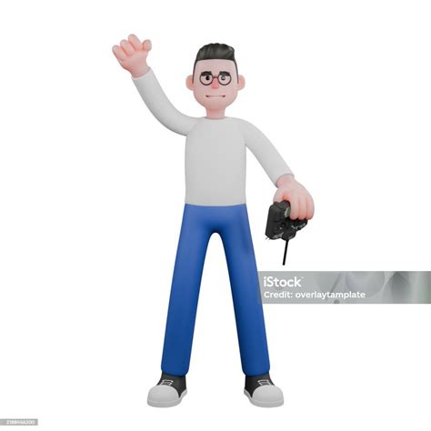 전문 비디오 편집 만화 일러스트 남성 영상 편집자가 오른손을 들고 주먹을 꽉 쥐고 왼손에는 리모컨을 들고 서 있다 3d 모델 디자인 3차원 형태에 대한 스톡 사진 및 기타