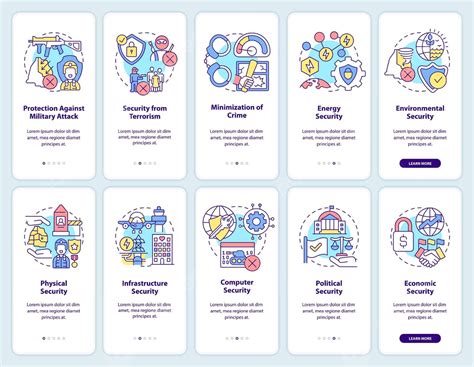 Mobile App Screen Set For National And International Security Onboarding Vector Step Guide