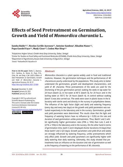 Pdf Effects Of Seed Pretreatment On Germination Growth And Yield Of Momordica Charantia L