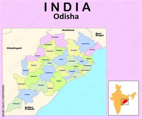Odisha Map With Border Odisha All District Map Vector Illustration
