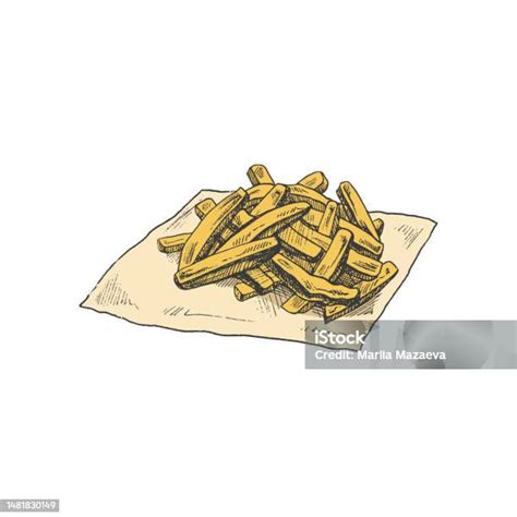 흰색 배경에 격리된 감자 튀김의 손으로 그린 컬러 스케치 패스트 푸드 그림입니다 빈티지 그림 메뉴 포스터 또는 레스토랑 배경에 적합합니다 감자 요리에 대한 스톡 벡터 아트