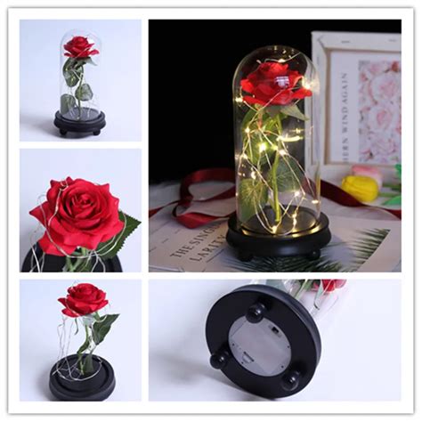 Дропшиппинг розы Красавица и Чудовище Роза в Стекло с Светодиодный Светлое деревянное основание