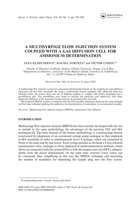 Pdf A Multisyringe Flow Injection System Coupled With A Gas Diffusion Cell For Ammonium