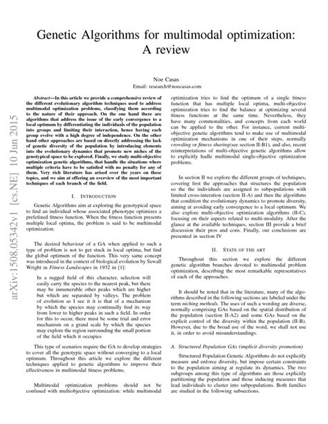 Genetic Algorithms For Multimodal Optimization A Review Deepai