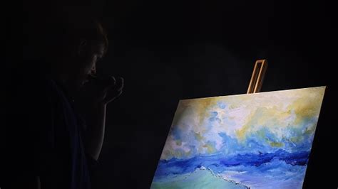 예술가 카피스트 페인트 바다 풍경 바다에서 배 베이퍼 연기 Vape 전자 담배 장인 데코레이터는 아크릴 색상으로 푸른 바다에서