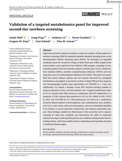 Pdf Validation Of A Targeted Metabolomics Panel For Improved Second‐tier Newborn Screening
