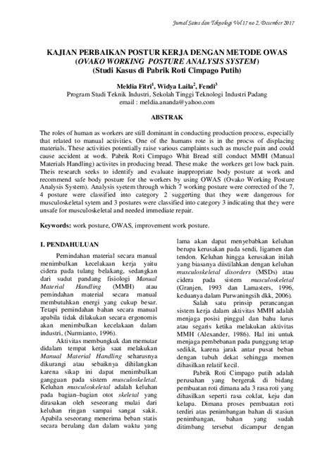 Pdf Kajian Perbaikan Postur Kerja Dengan Metode Owas Ovako Working