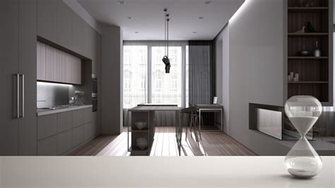 흰색 테이블 또는 섬과 의자 벽난로 건축 인테리어 디자인 복사 공간 배경현대 부엌을 통해 통과 시간을 측정 크리스탈 모래 시계와 선반 0명에 대한 스톡 사진 및 기타 이미지