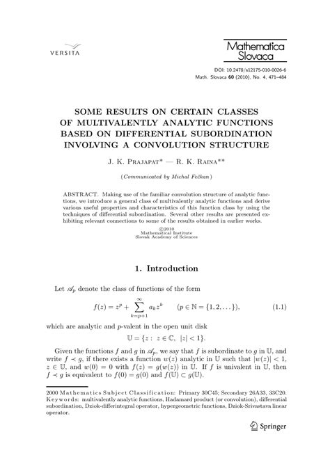 Pdf J K Prajapat And R K Raina Some Results On Certain Classes