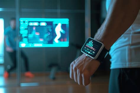 premium ai image fitness tracker displaying data with gym background