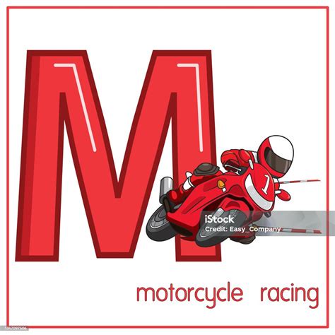 알파벳 문자 M 어퍼 케이스 또는 어린이 학습 연습 Abc를위한 자본 편지와 오토바이 경주의 벡터 그림 Championship에 대한 스톡 벡터 아트 및 기타 이미지