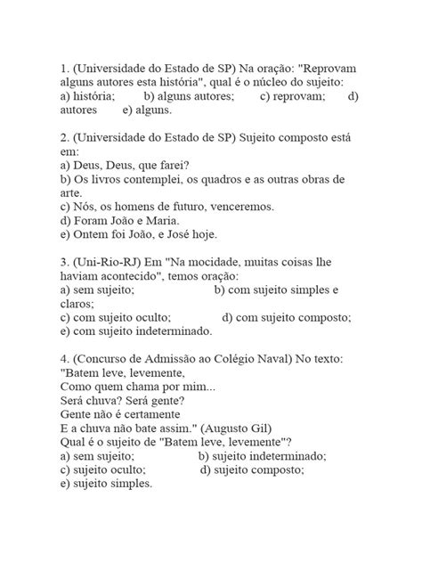 Exercícios Tipos De Sujeito Com Gabarito Pdf Assunto Gramática
