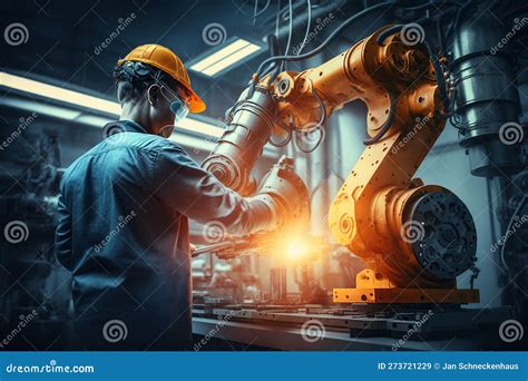 Engineer Check And Control Welding Robotics Automatic Arms Machine In Intelligent Factory With