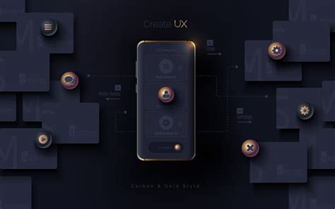 모바일 ui ux korbon 및 골드 개념 검은 색 배경에 블록과 아이콘으로 구성된 모바일 앱 인터페이스와 휴대 전화 사용자