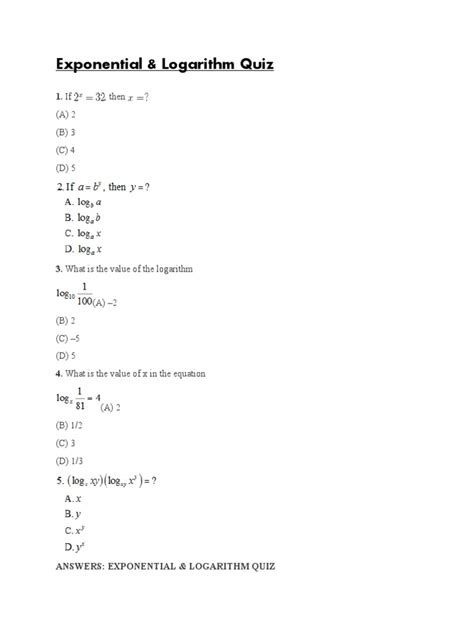 exponential and logarithm quiz pdf logarithm exponential function