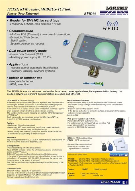 PDF KHz RFiD Reader MODBUS TCP Link Power Over KHz RFiD Reader MODBUS E Reader