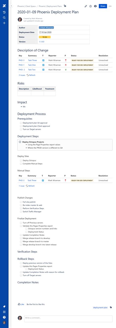 Confluence Deployment Plan Template Mark Wiseman