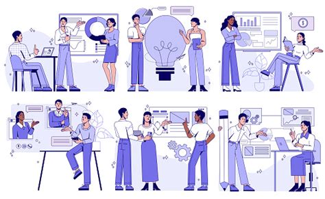 팀워크 개념 남성과 여성 기업가 또는 사무실 직원이 소통하고 스타트업을 위한 아이디어를 개발하고 함께 프로젝트를 진행합니다 플랫 개요 벡터 일러스트 레이 션 계획에 대한