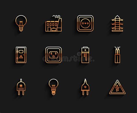 Set Line Electric Plug Light Bulb With Concept Of Idea High Voltage