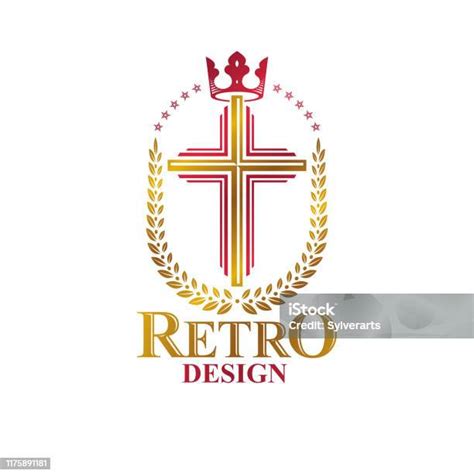로얄 크라운과 월계관 화환으로 만든 기독교 십자가 황금 엠블럼 팔장식 기호 고립 벡터 그림의 헤럴드 코트 종교와 영성 테마 기호입니다 고딕 양식에 대한 스톡 벡터 아트 및