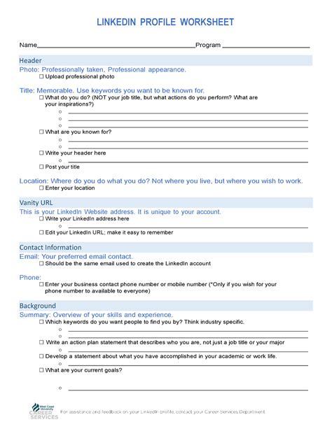 Linkedin Profile Worksheet 1111 Header Vanity Url Contact